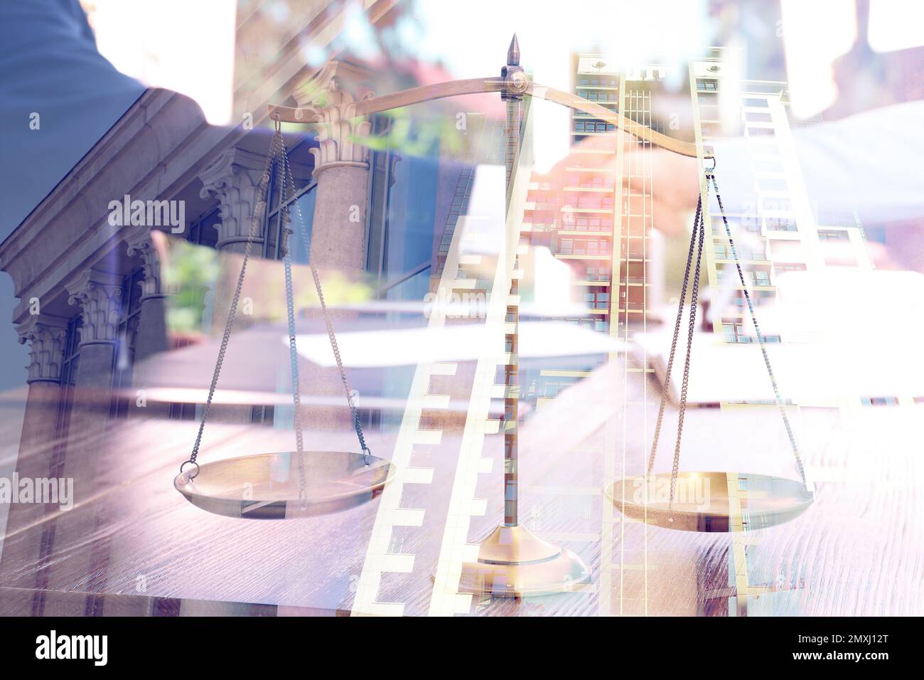 Law protection. Multiple exposure of scales, buildings and lawyer ...