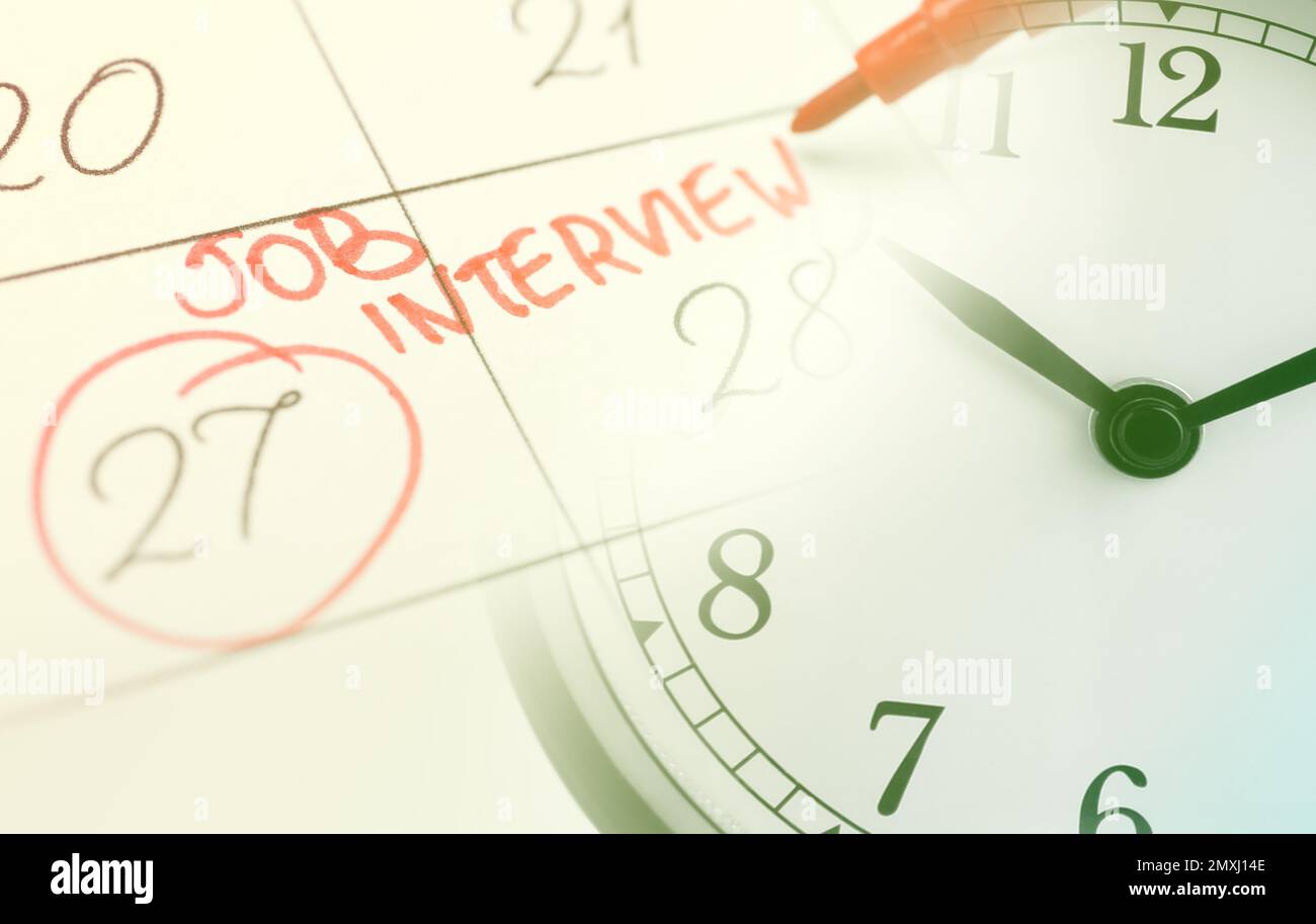 Collage of clock and calendar with text JOB INTERVIEW Stock Photo - Alamy