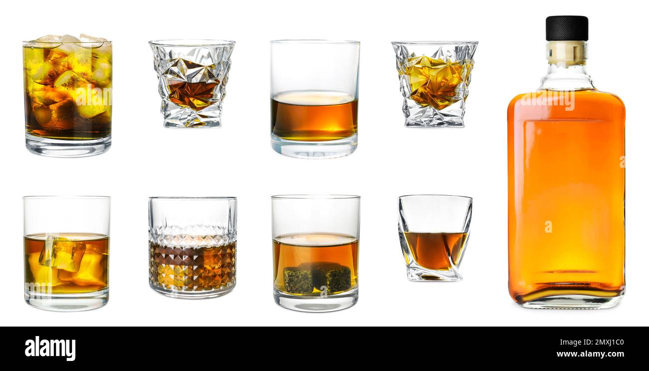 Collage with bottle and glasses of whiskey on white background. Banner ...