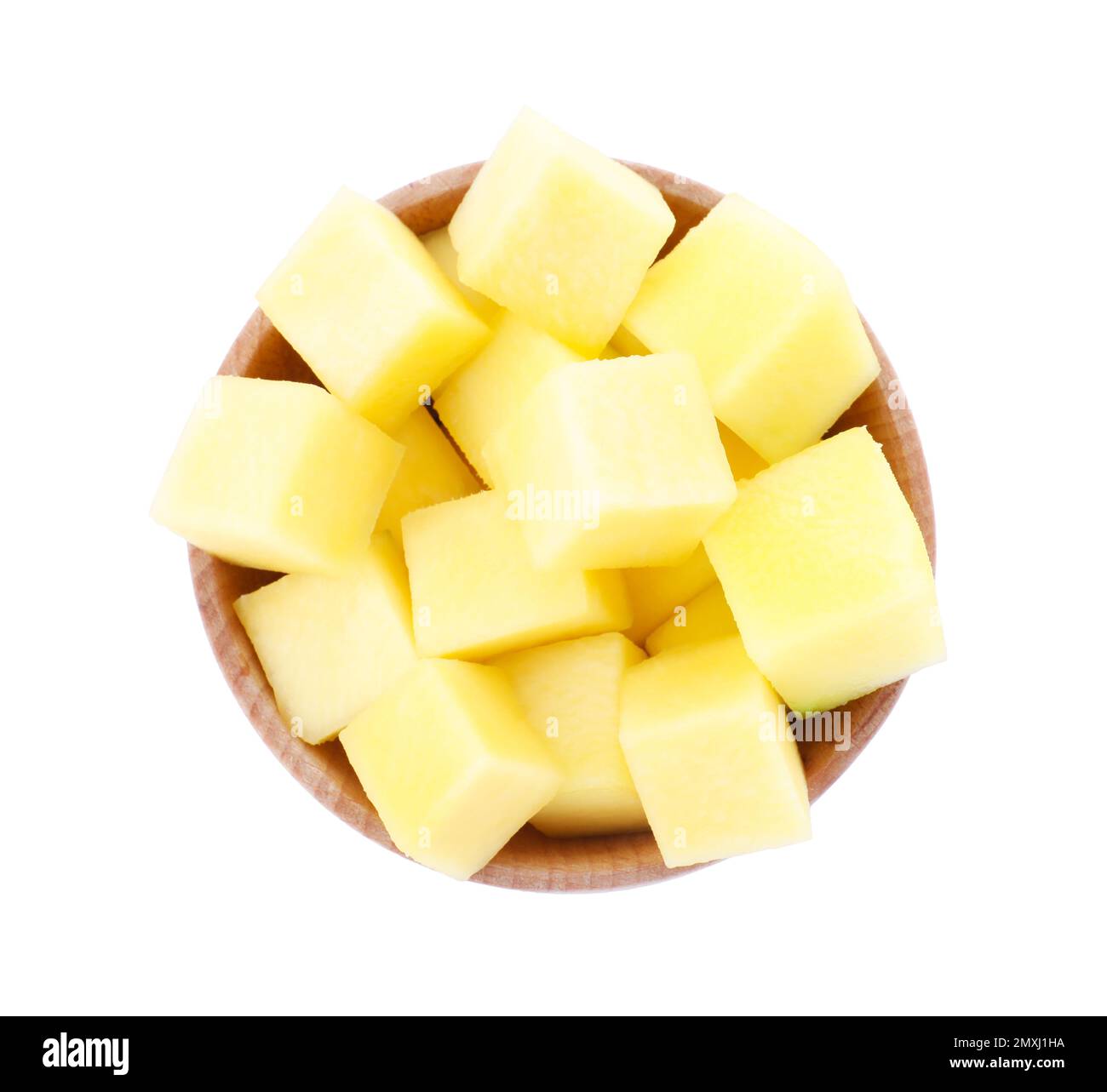 Tasty mango cubes in wooden bowl isolated on white, top view Stock ...
