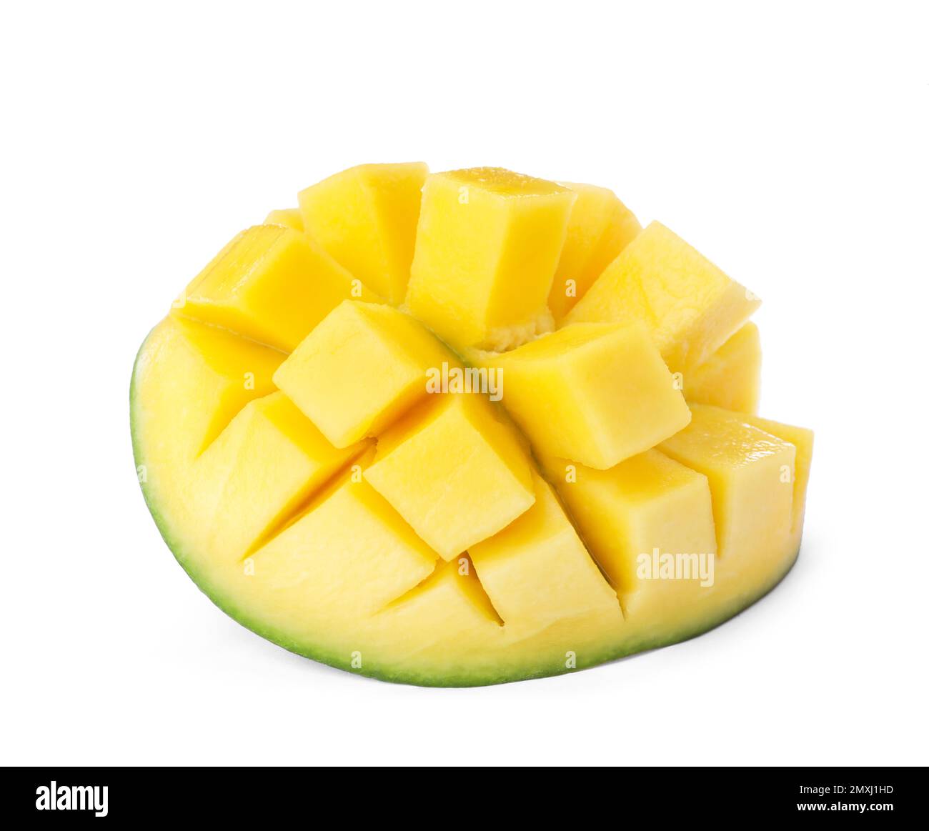 Half of ripe mango cut into cubes isolated on white Stock Photo - Alamy