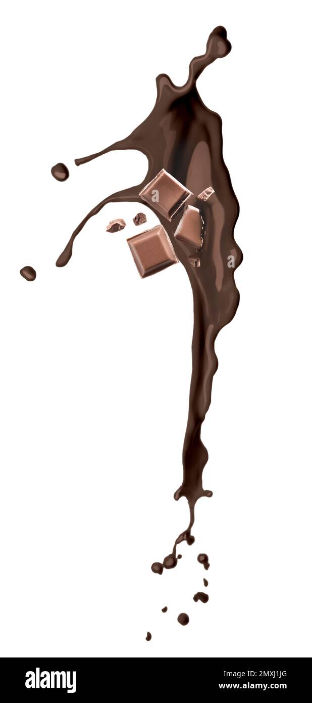 Yummy melted chocolate splash with falling pieces on white background ...