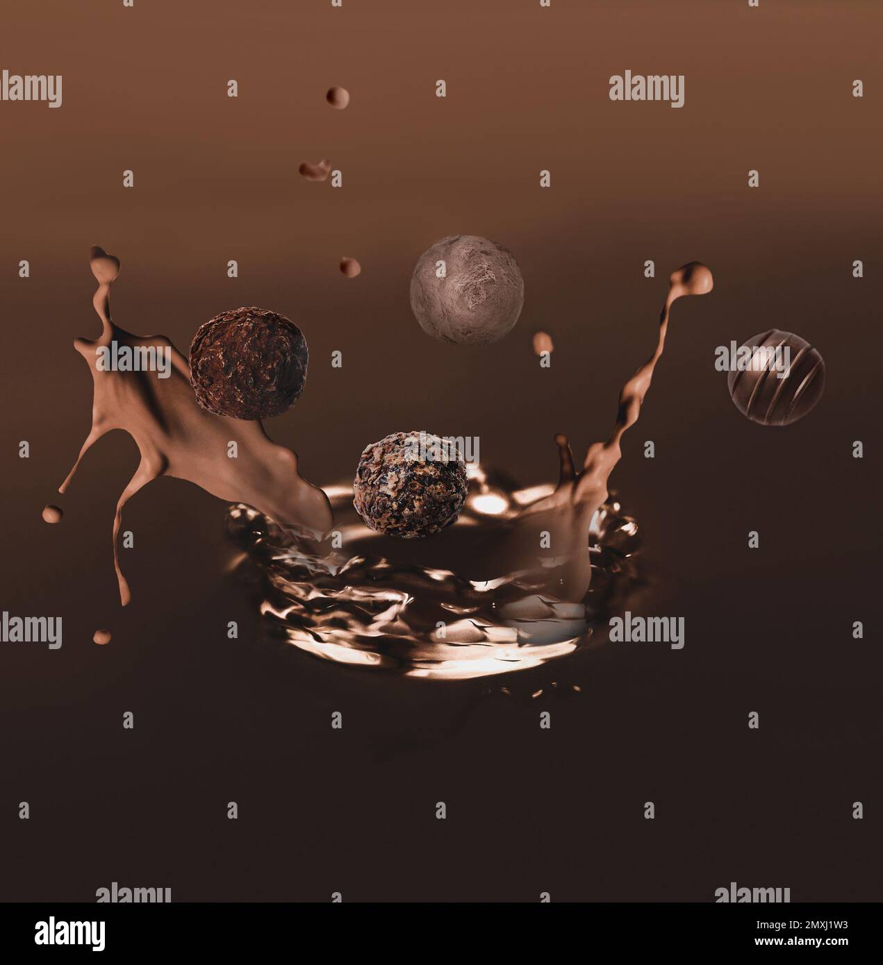 Yummy melted chocolate splashing with falling candies Stock Photo - Alamy