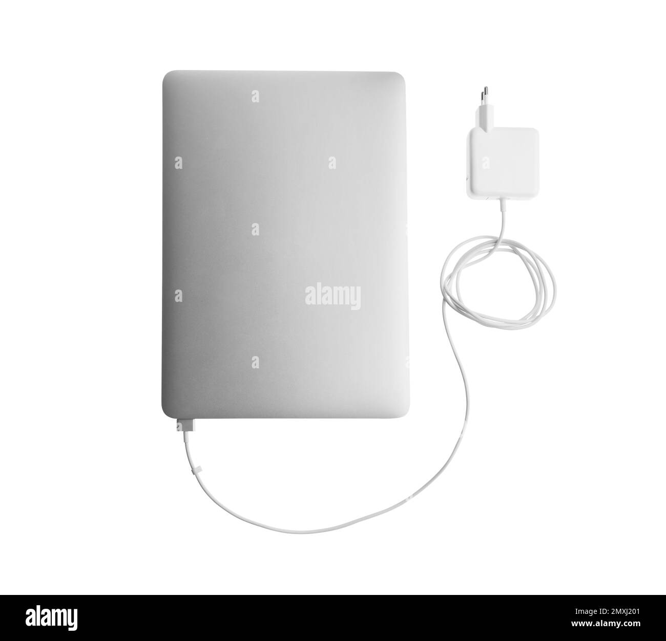 Laptop and charger on white background, top view. Modern technology ...