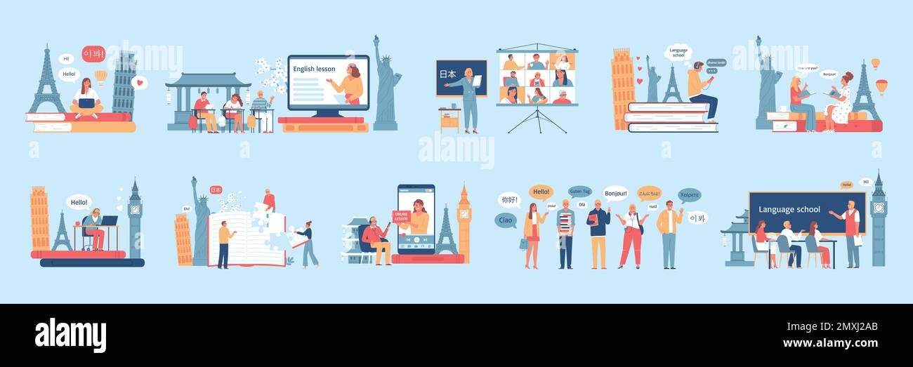 Language course flat icons set with online and offline lessons isolated ...