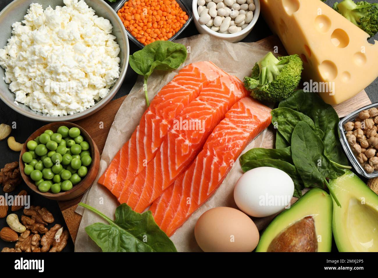 Products rich in protein as background, flat lay Stock Photo - Alamy