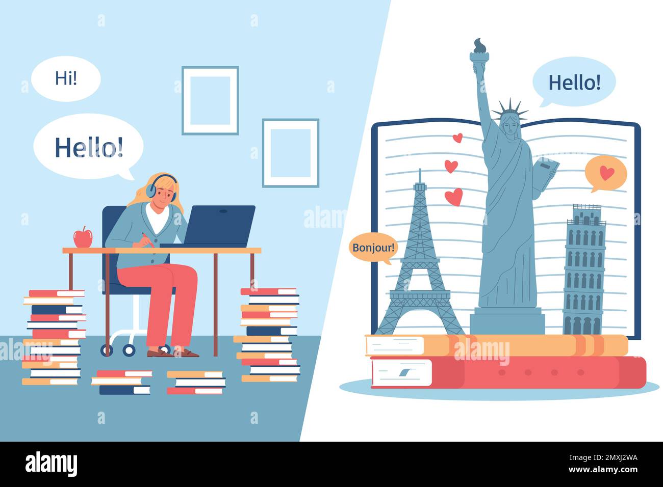 Language course flat composition with student learning English online ...