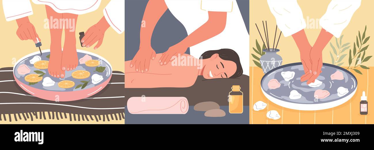 Aromatherapy flat concept set with women getting oil massage isolated ...