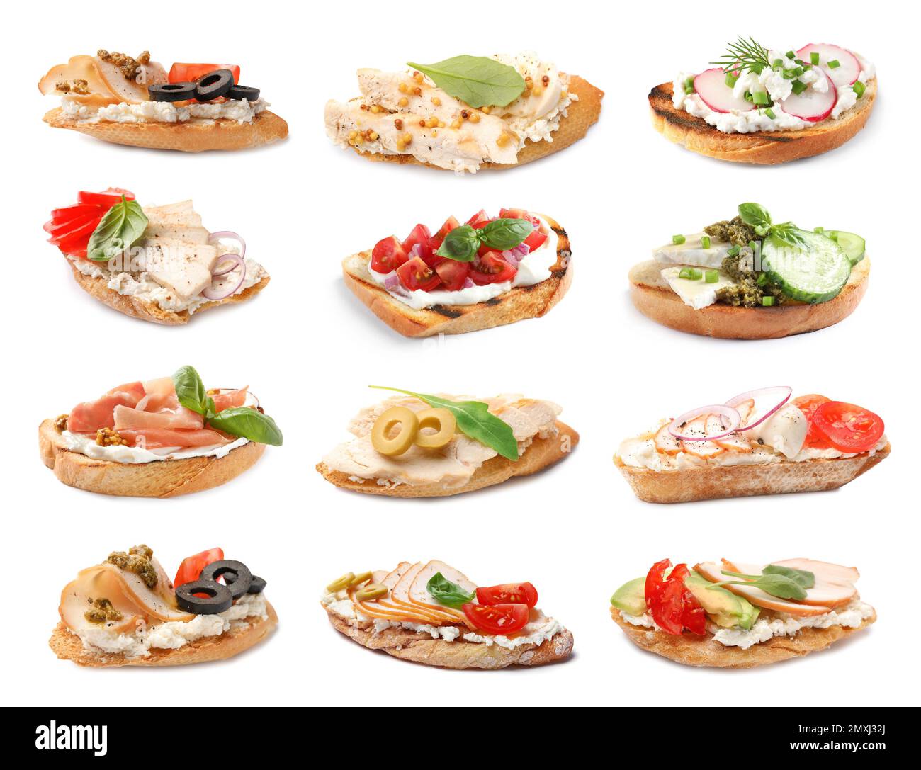 Set of toasted bread with different toppings on white background Stock ...