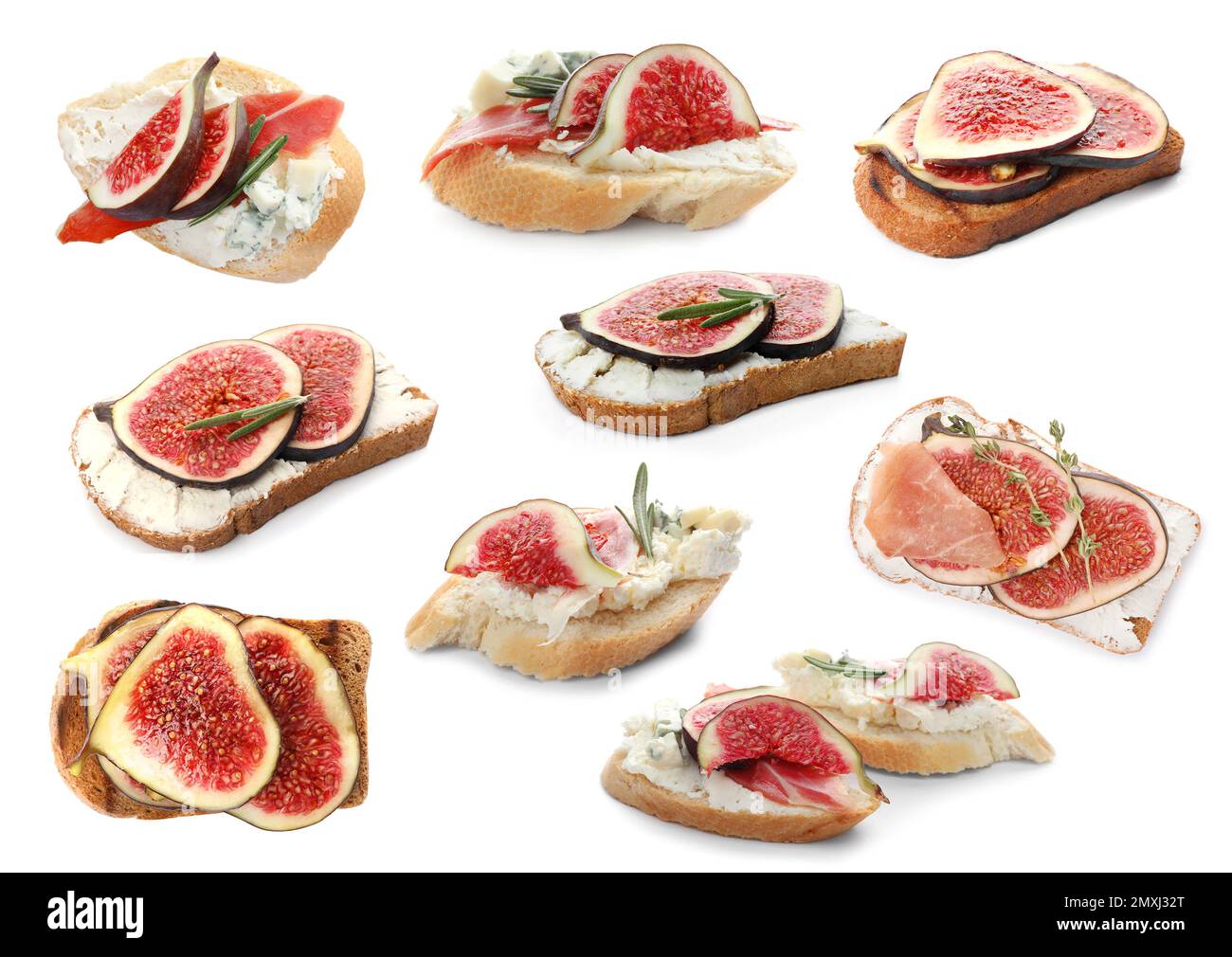 Set of toasted bread with fig slices on white background Stock Photo ...