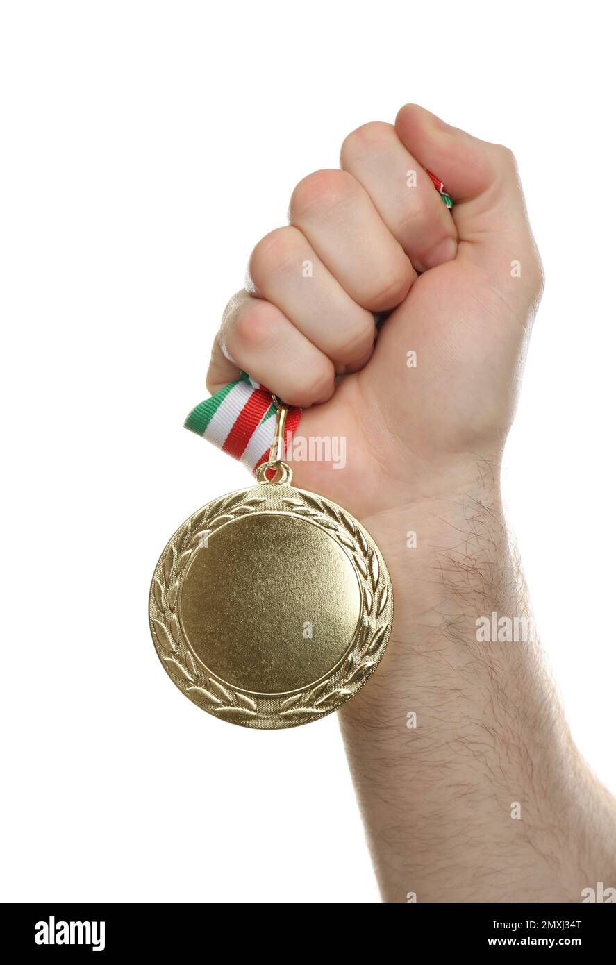 Man holding golden medal on white background, closeup. Space for design ...