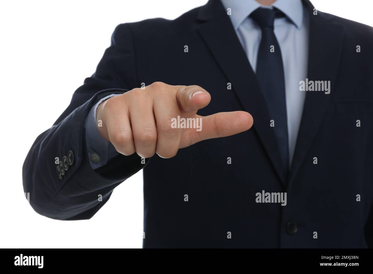 Businessman touching something against white background, focus on hand ...
