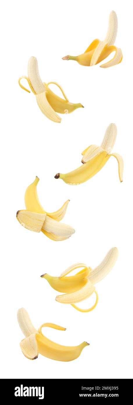 Set with delicious ripe bananas falling on white background Stock Photo ...