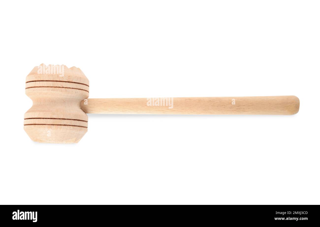 Wooden meat tenderizer mallet isolated on white, top view. Cooking ...