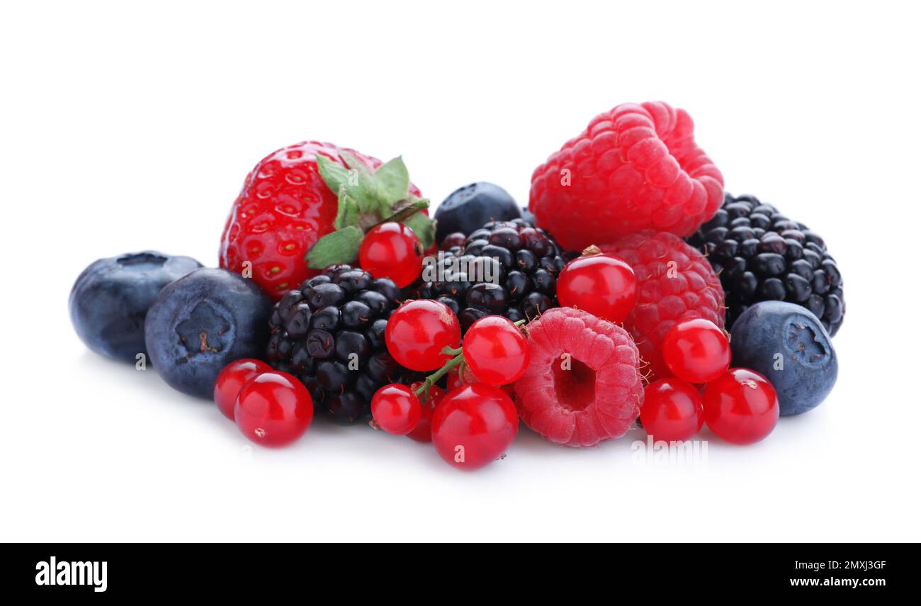 Pile of different ripe tasty berries isolated on white Stock Photo - Alamy