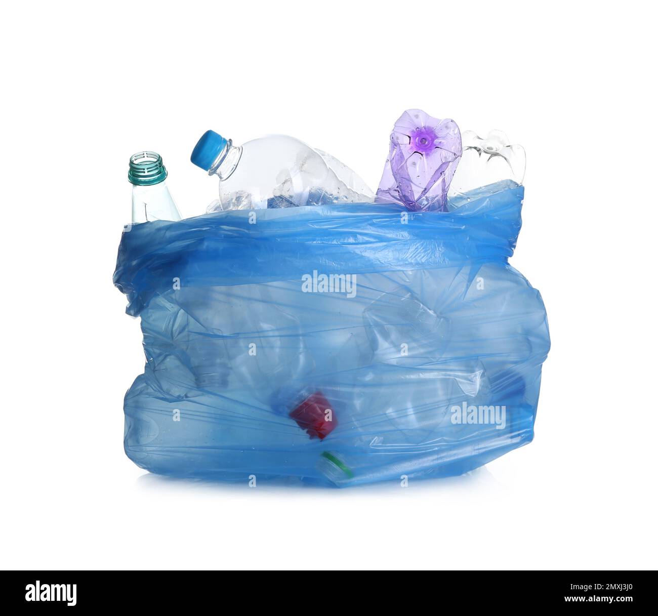 Blue bag with used bottles isolated on white. Plastic recycling Stock Photo - Alamy