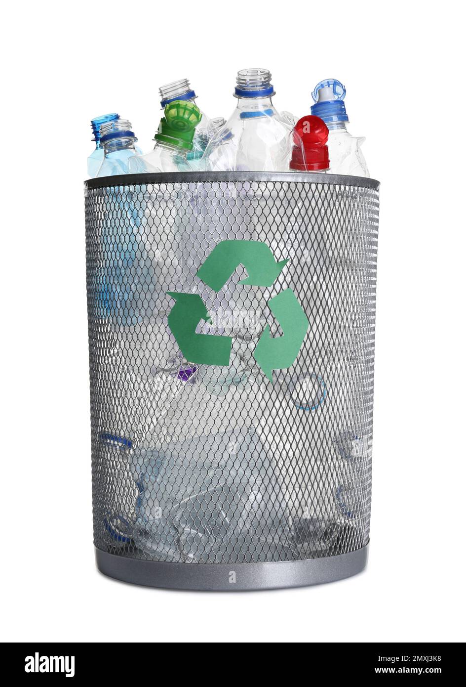 Many used bottles in trash bin isolated on white. Plastic recycling Stock Photo - Alamy