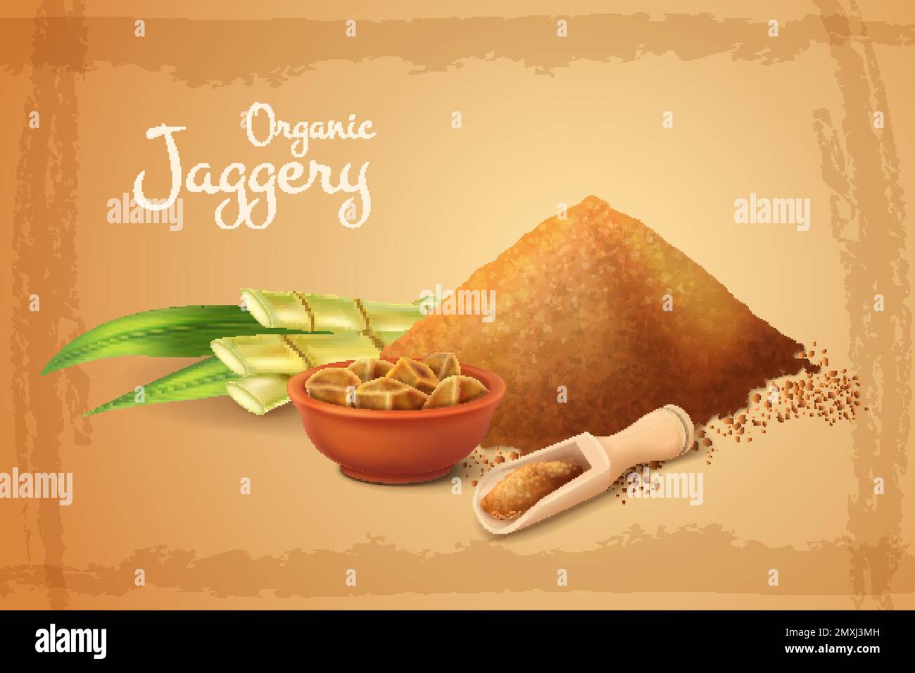 Organic jaggery powder and blocks with fresh sugar cane on color ...