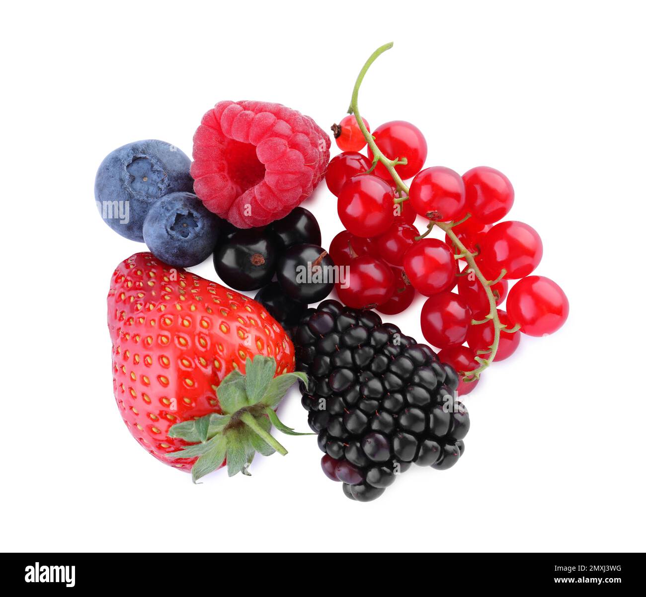Pile of different ripe tasty berries isolated on white, top view Stock ...