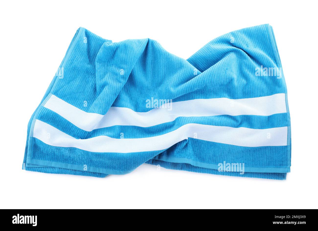 Blue towel isolated on white, top view. Beach object Stock Photo - Alamy