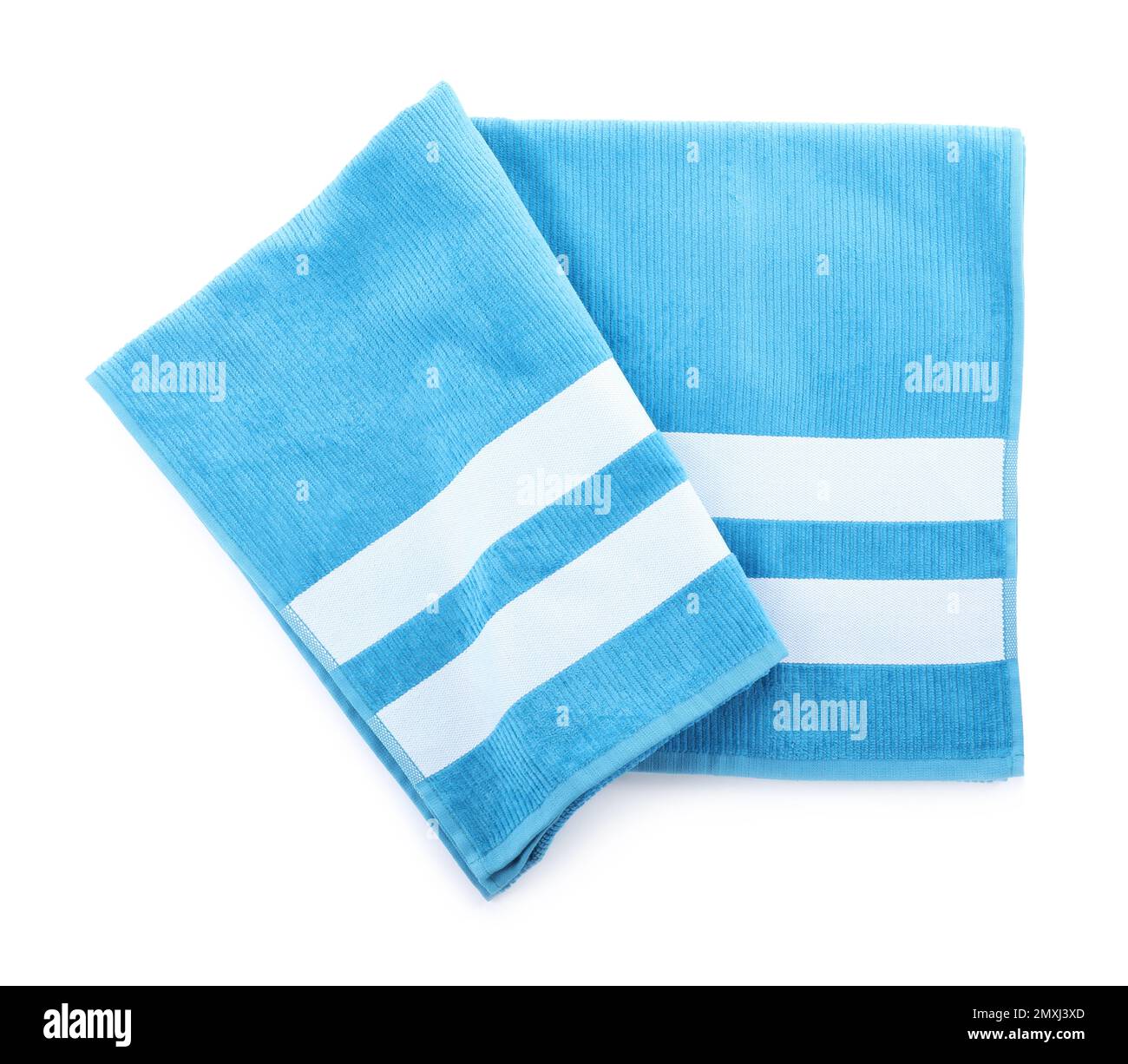 Blue towel isolated on white, top view. Beach object Stock Photo - Alamy