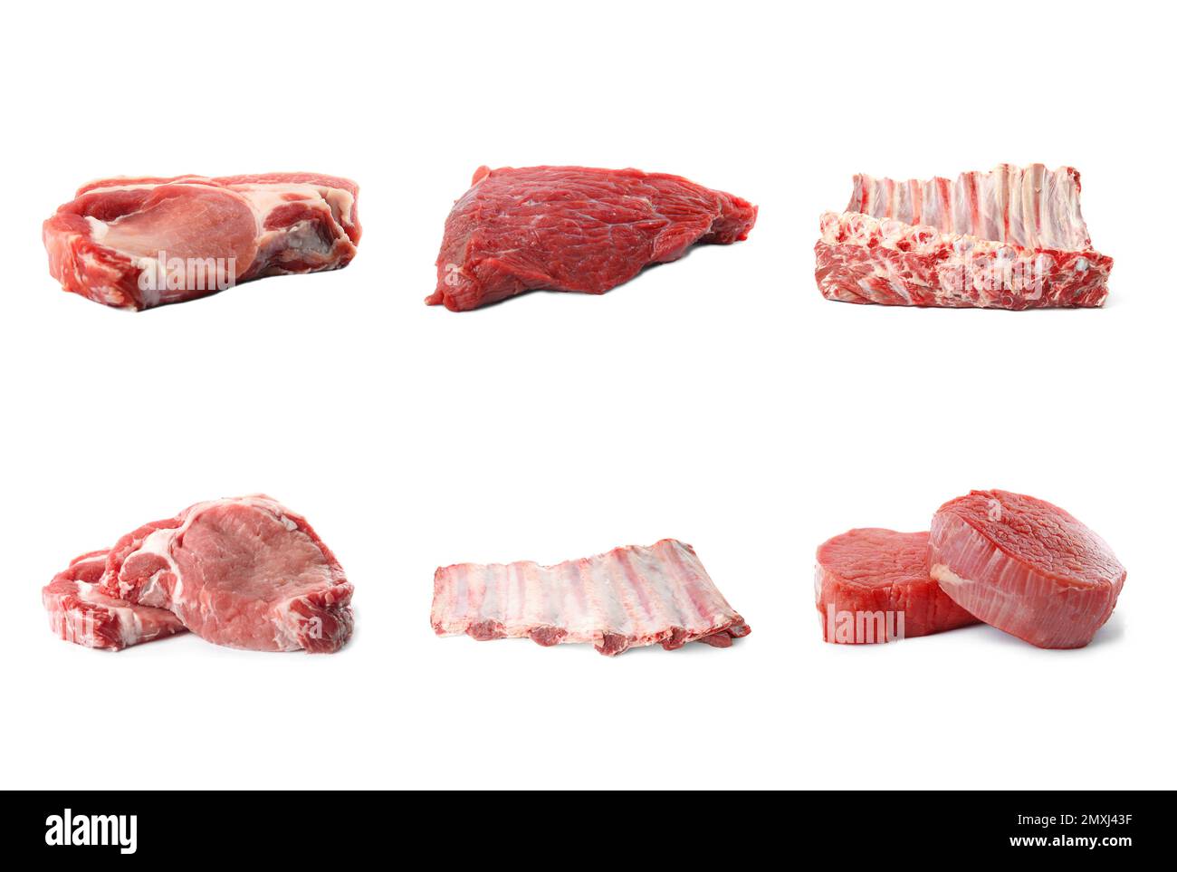 Set with raw meat on white background Stock Photo - Alamy