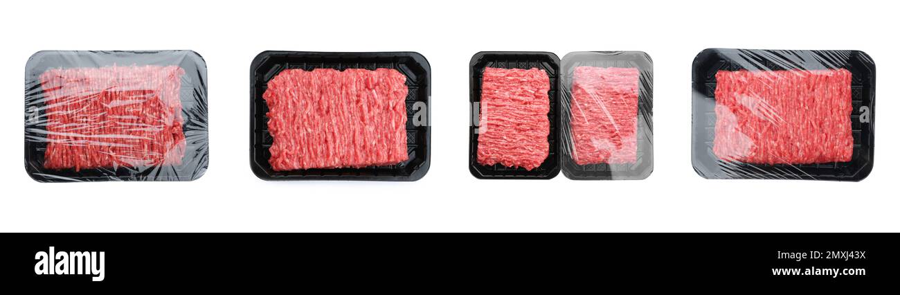 Set of plastic containers with raw minced meat on white background, top ...
