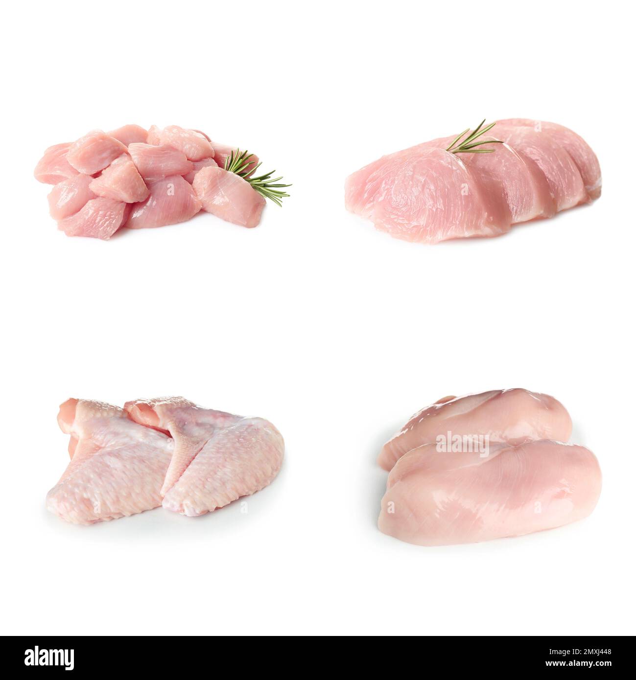Set with raw chicken meat on white background Stock Photo - Alamy