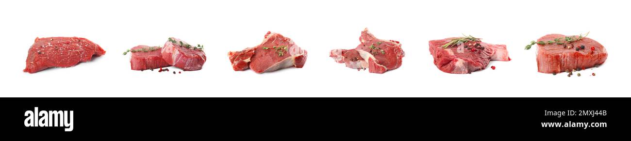 Set with raw meat on white background. Banner design Stock Photo - Alamy
