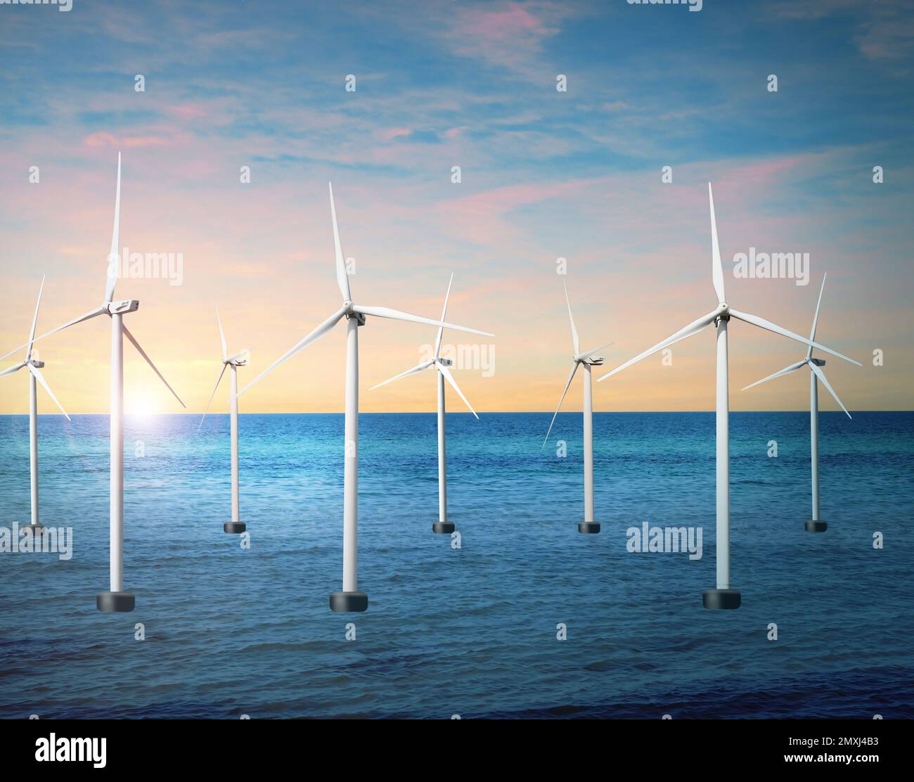 Floating wind turbines installed in sea. Alternative energy source ...