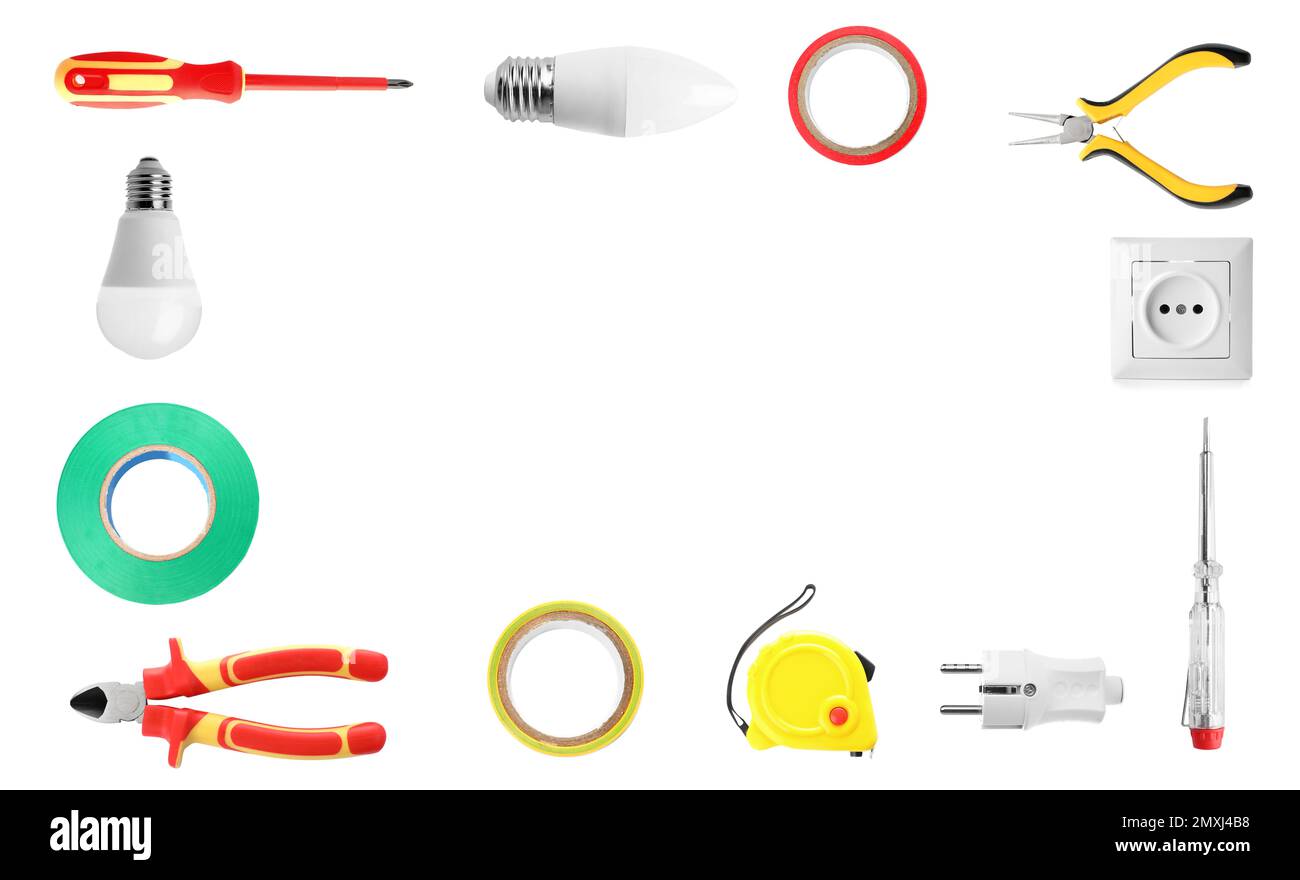 Frame of different electrician's tools and equipment on white ...