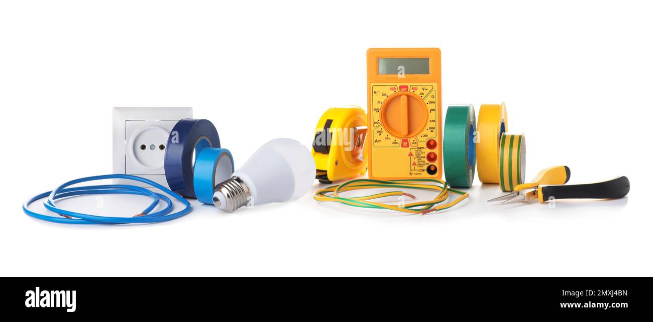 Set of electrician's tools and equipment on white background, banner ...