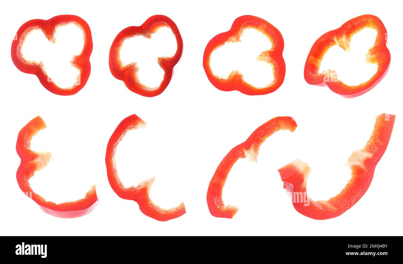 Set of ripe red bell pepper slices on white background Stock Photo - Alamy