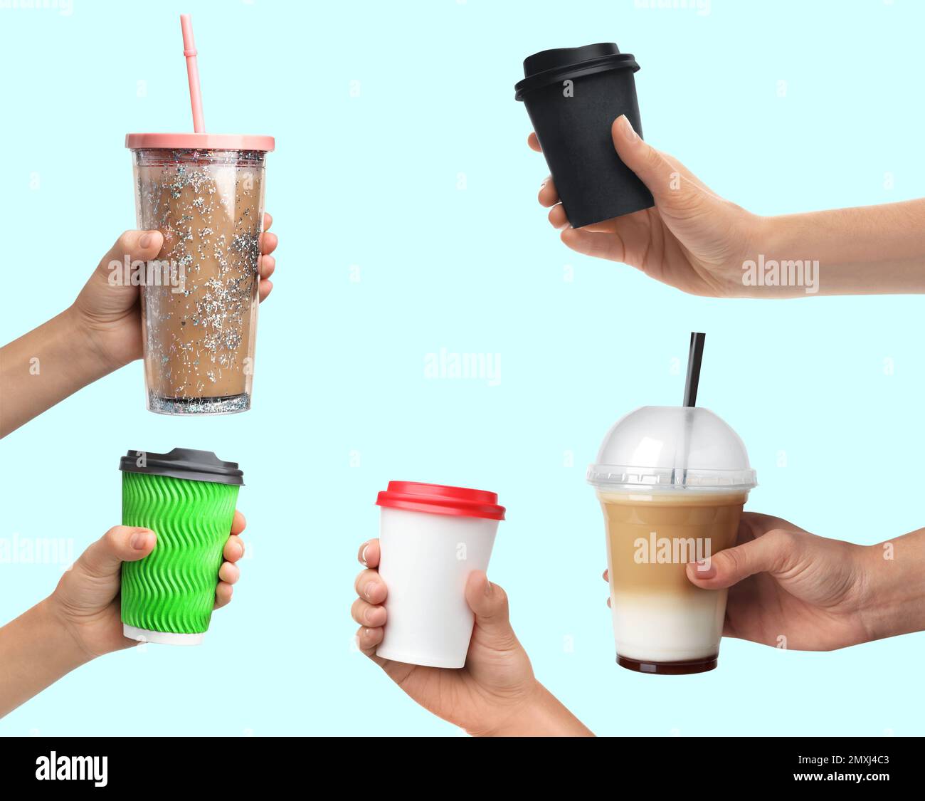 Collage with photos of people holding different takeaway cups on light ...