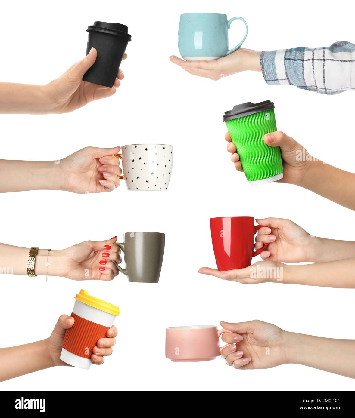 Collage with photos of people holding different cups on white ...