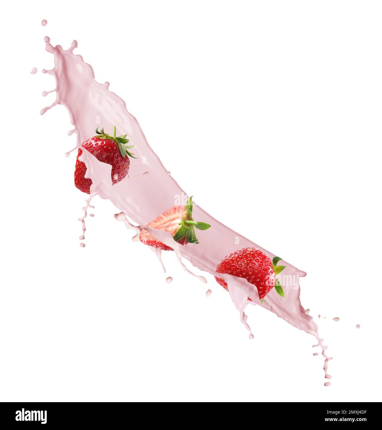 Fresh strawberries with milkshake splash on white background Stock ...