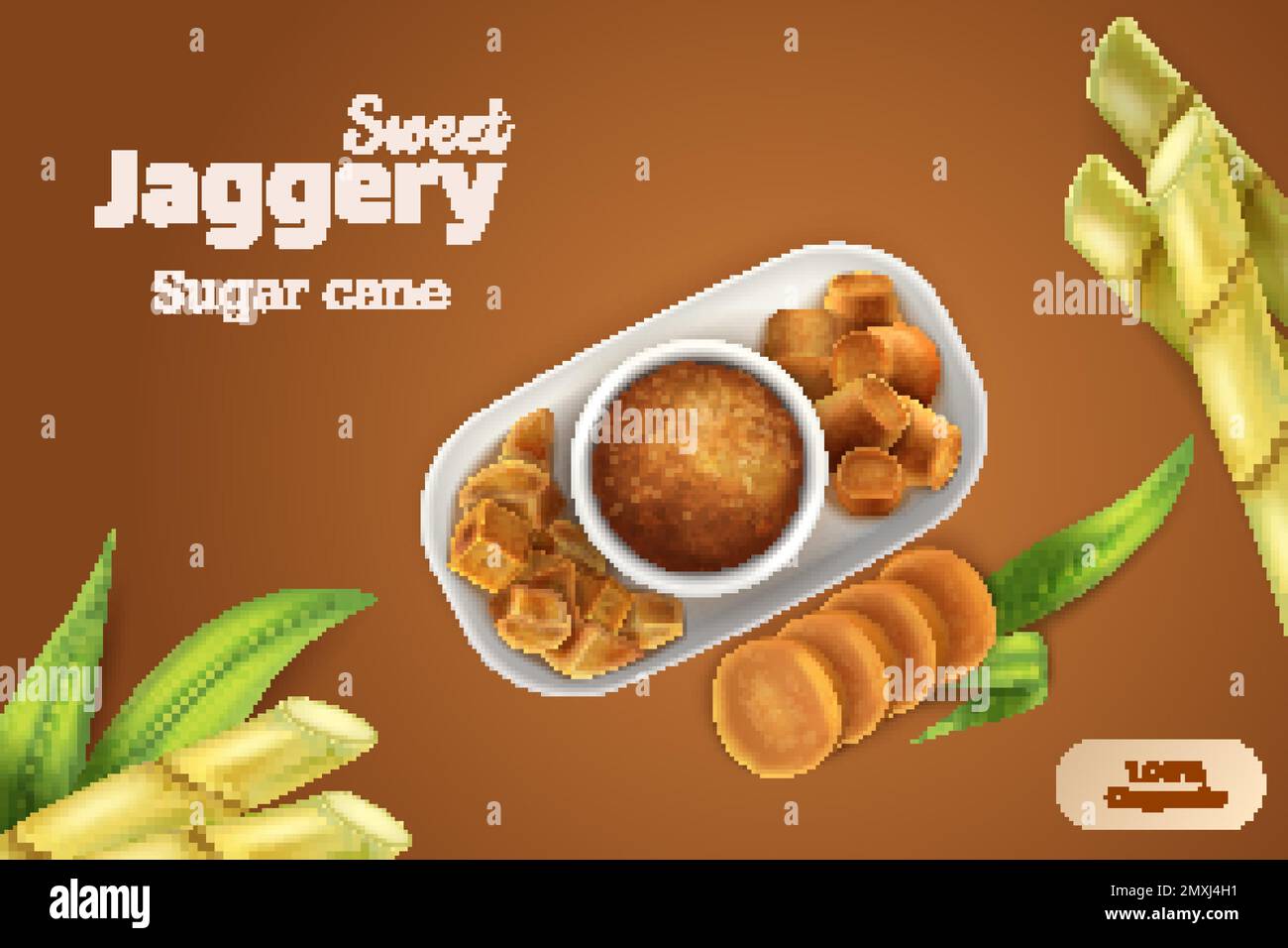 Sweet jaggery realistic composition with top view of plate with brown ...