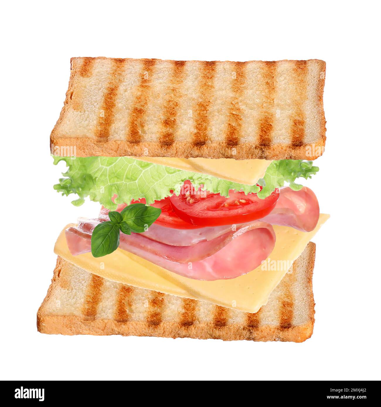 Delicious sandwich with flying toasted bread, ham and other ingredients ...