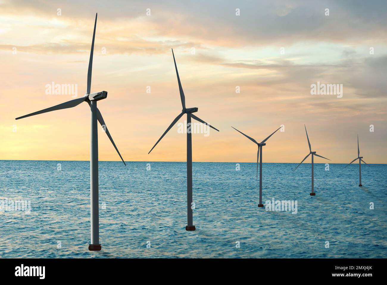 Floating wind turbines installed in sea. Alternative energy source ...