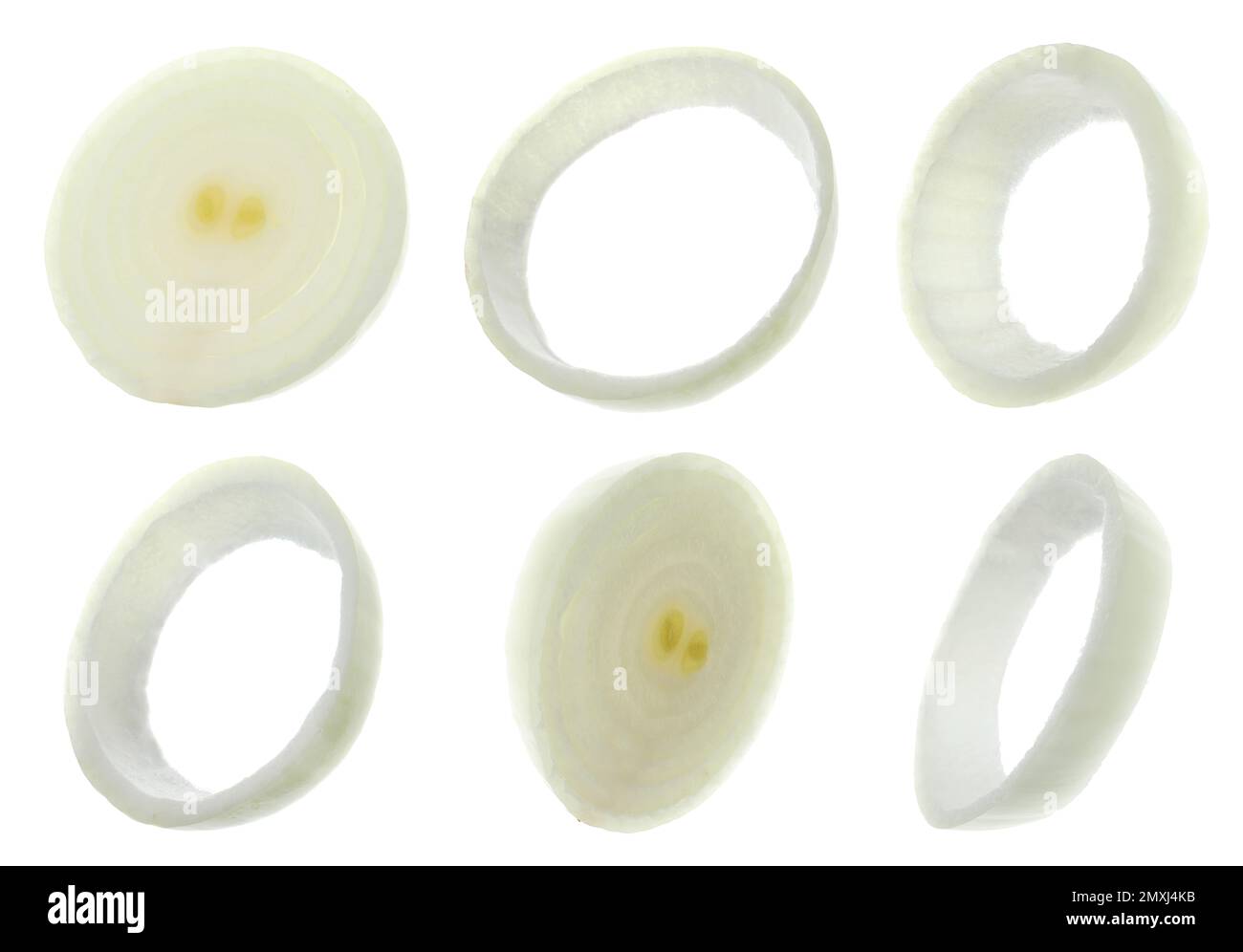 Fresh onion slices flying on white background Stock Photo - Alamy