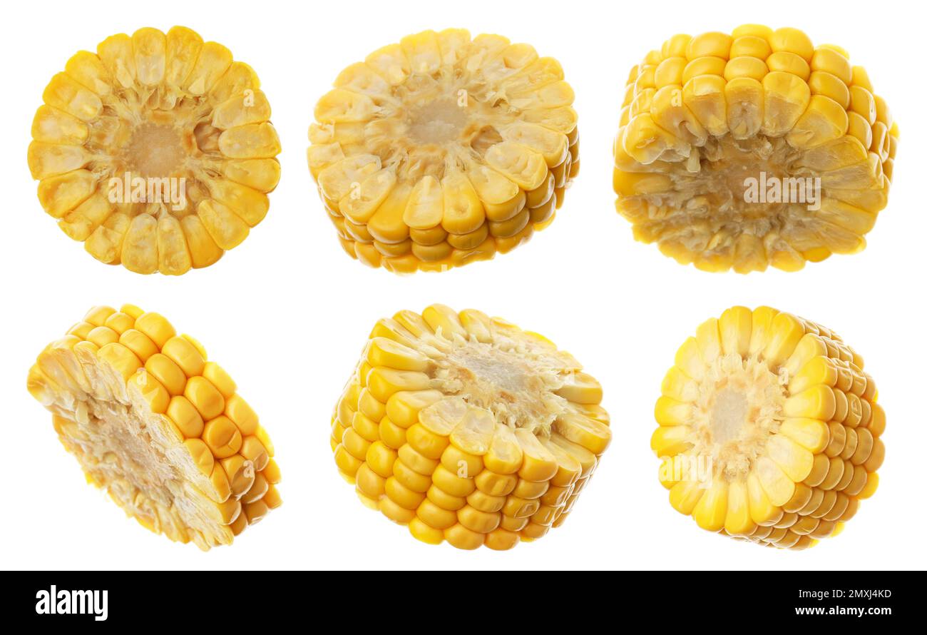 Corn cob pieces flying on white background Stock Photo - Alamy