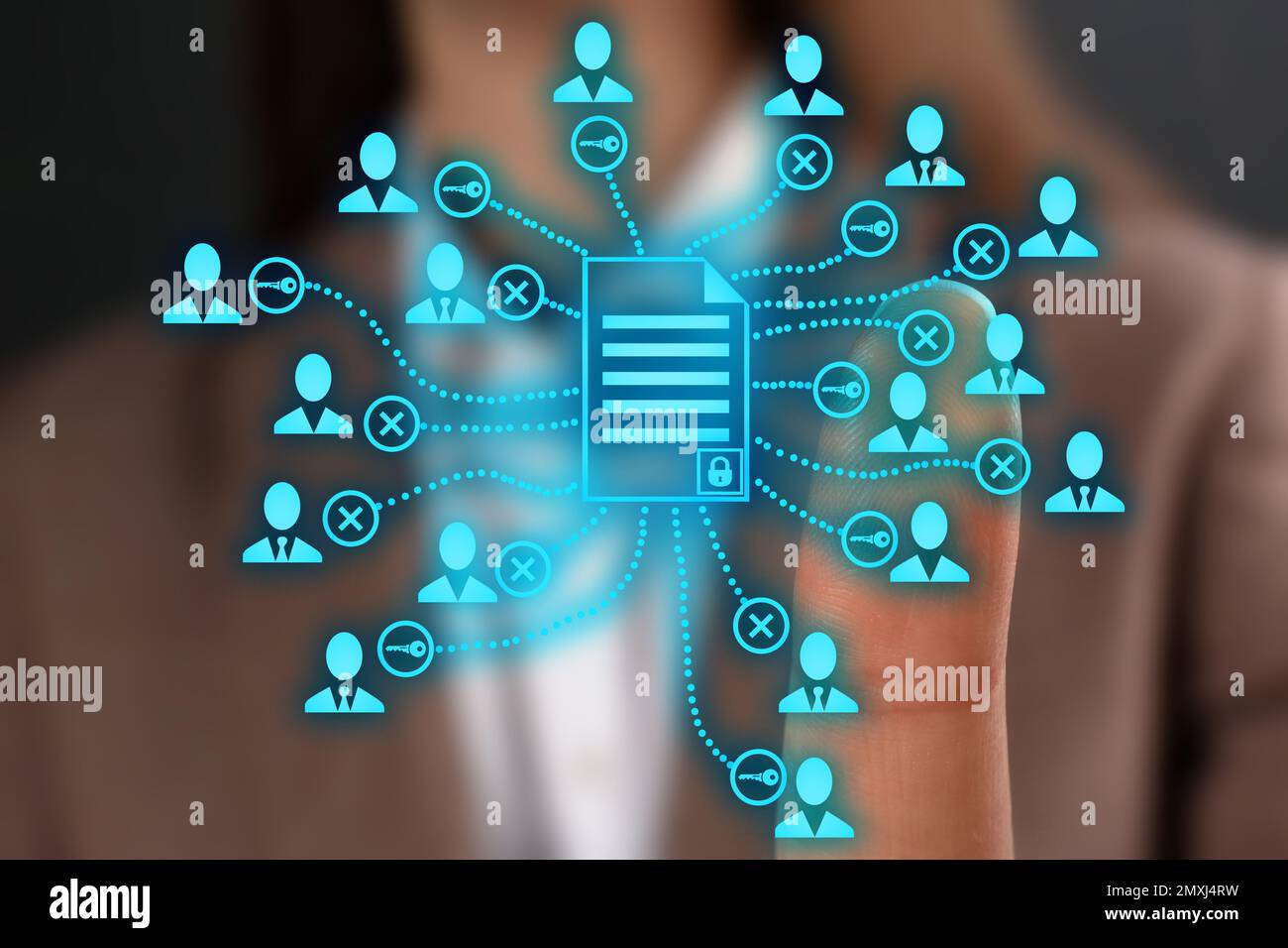Access to documents. Woman using virtual screen with scheme, closeup ...