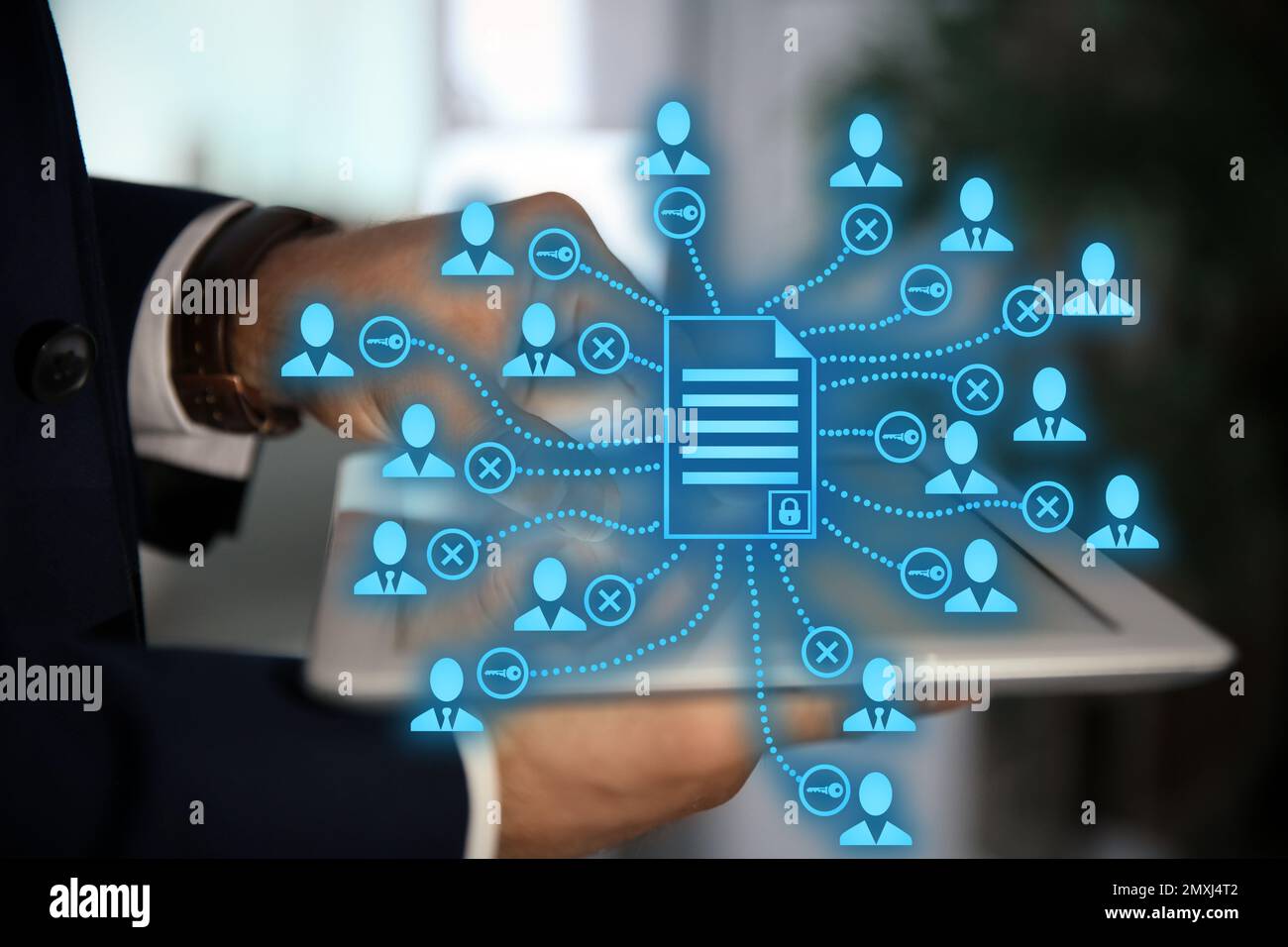 Access to documents. Man using tablet, closeup. Scheme over device ...