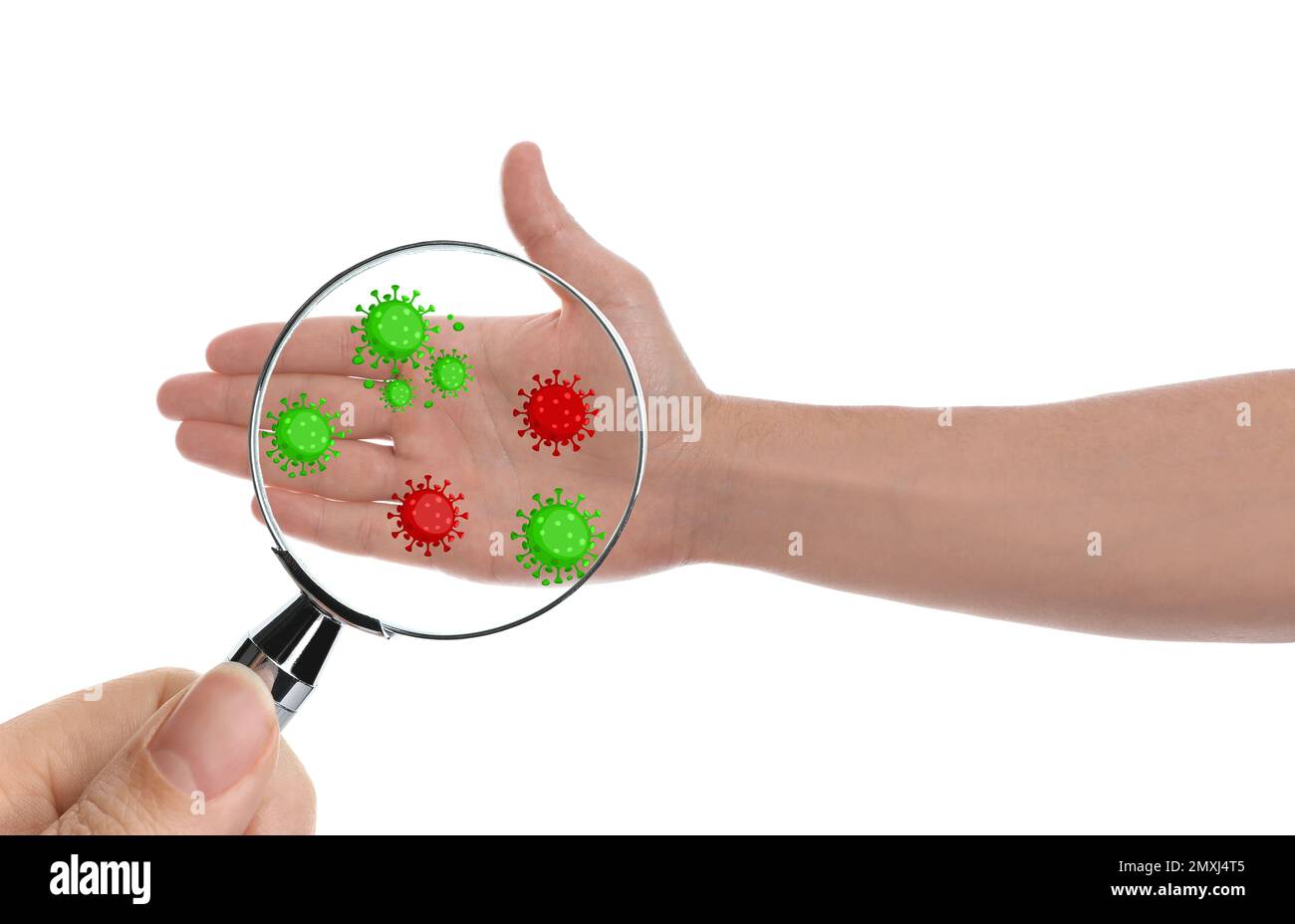 Woman detecting bacteria with magnifying glass on white background ...