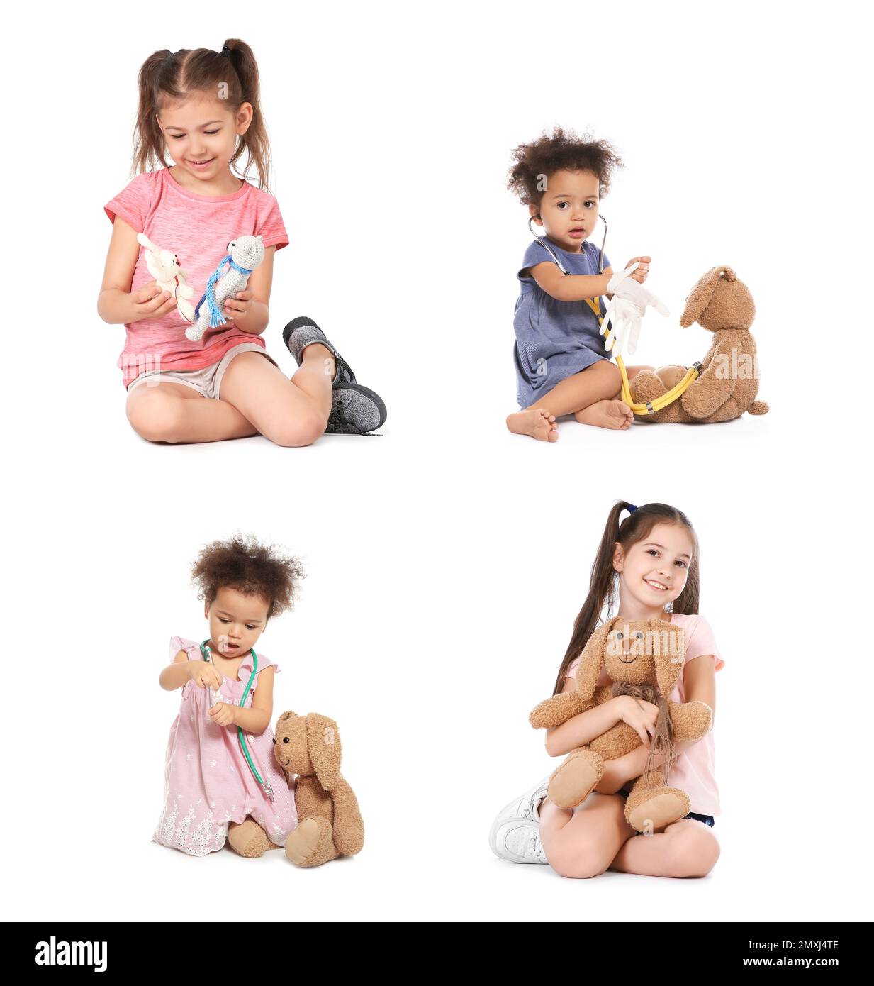 Collage of cute little children playing on white background Stock Photo ...