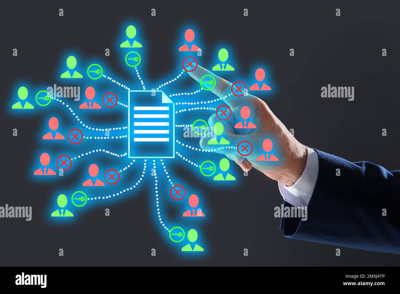 Access to documents. Man using virtual screen with scheme, closeup ...