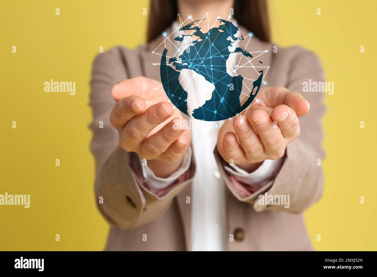 Global network technology. Woman demonstrating planet with connection ...