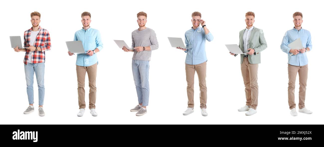 Collage of young men with laptops on white background. Banner design ...
