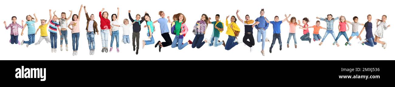 Collage with photos of jumping children on white background. Banner ...