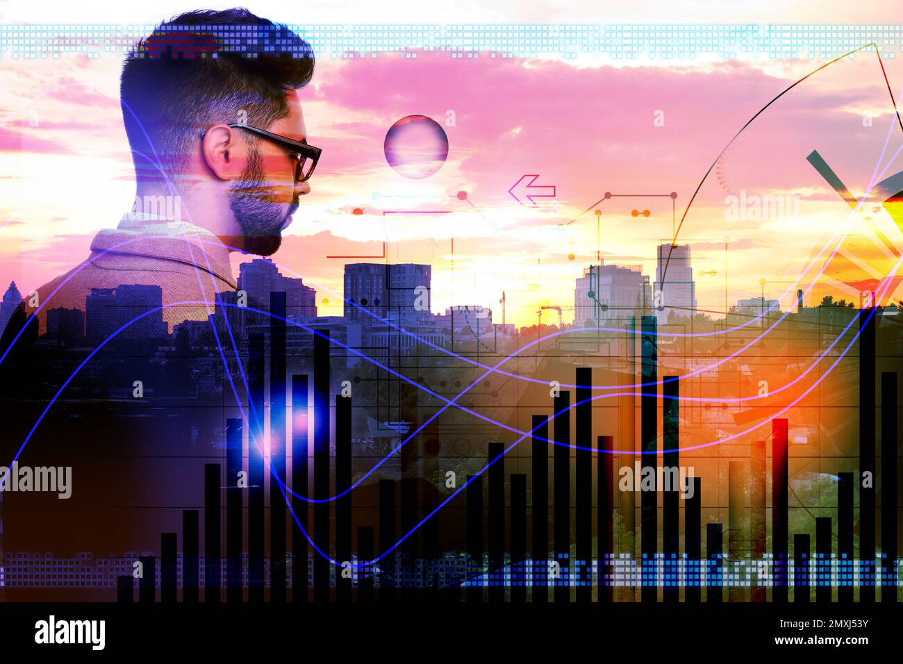 Multiple exposure of businessman, graph and cityscape Stock Photo - Alamy